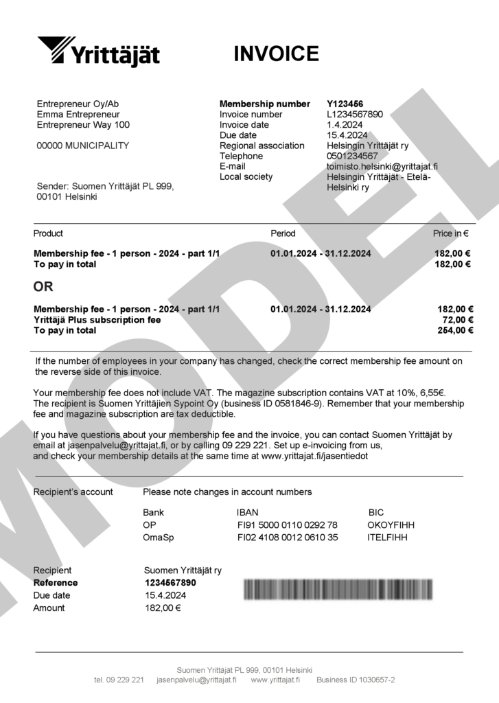 Membership fee invoice - Yrittajat.fi